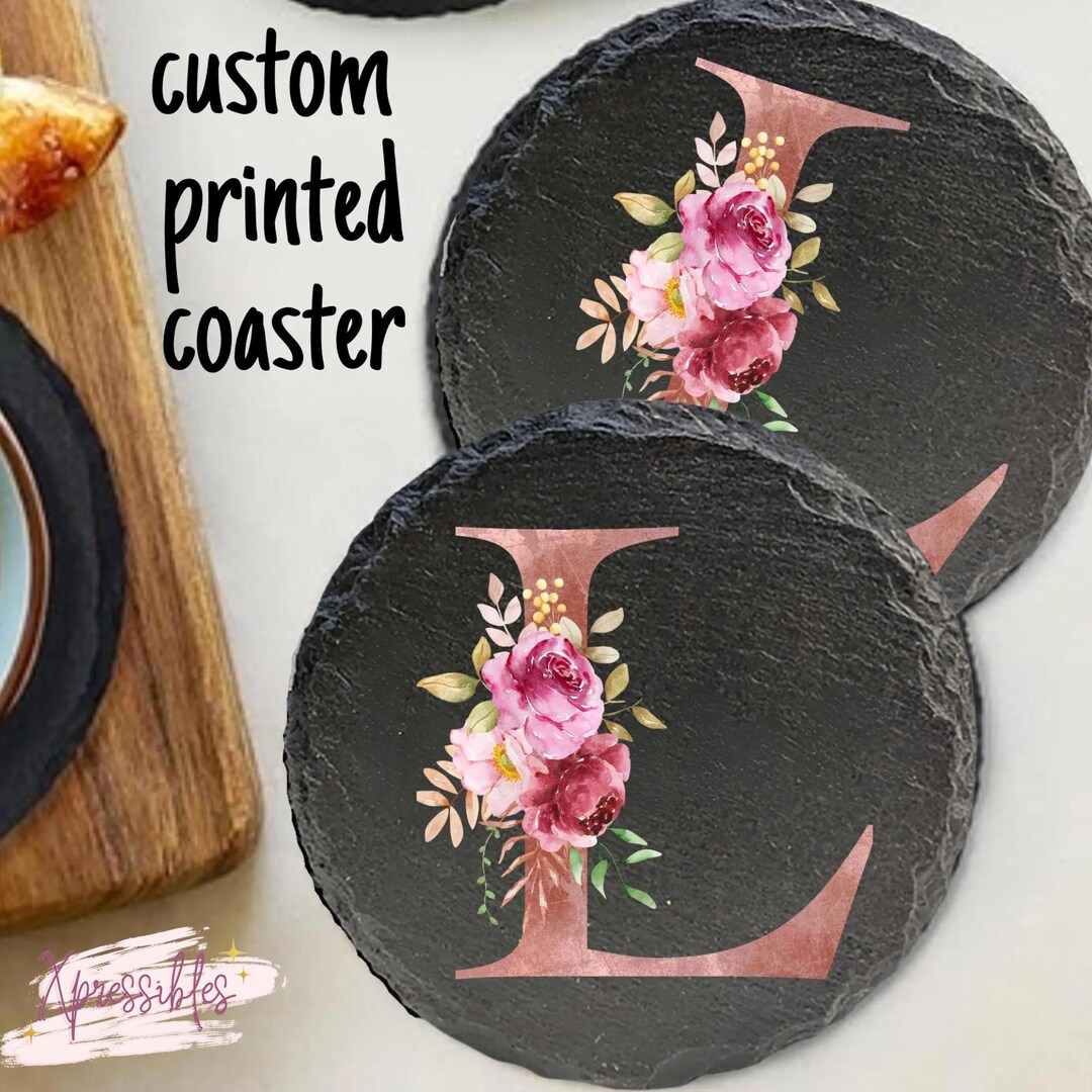 Pink Floral Personalized Coaster With Initial Gift for Girlie Custom ...