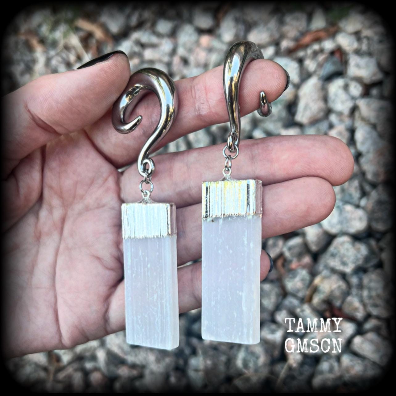 Selenite Gauged Earrings 0 Gauge Ear Weights Gemstone Ear Weights 8mm ...