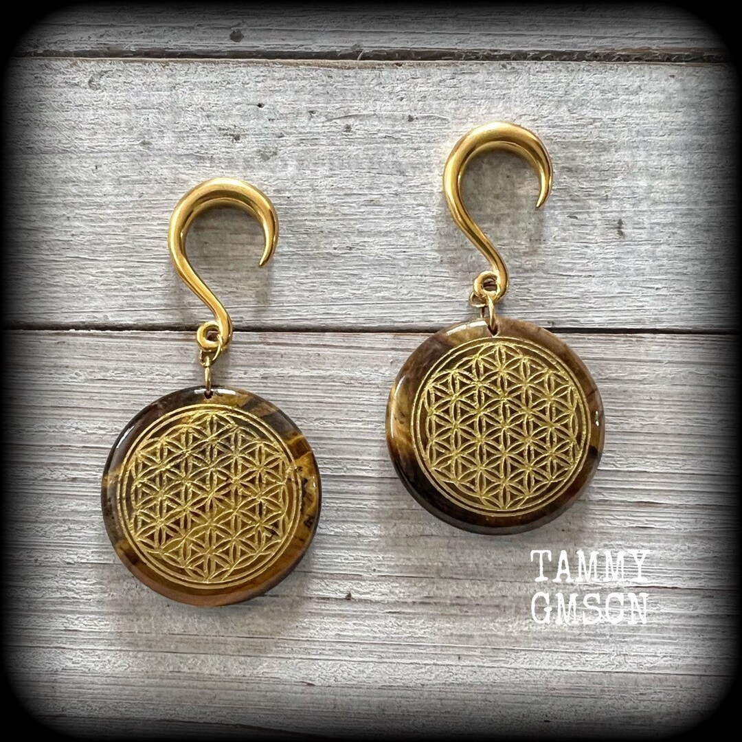 Tiger's Eye Ear Weights Flower of Life 6 Gauge Ear Weights Gemstone Ear ...
