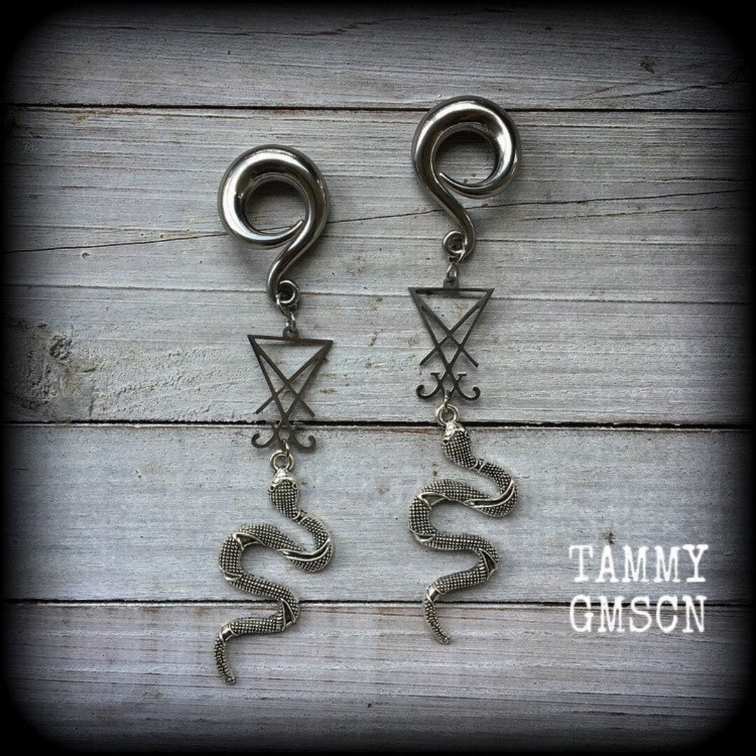 Lilith and Lucifer Gauged Earrings 0 Gauge Snake Ear Weights Sigil ...