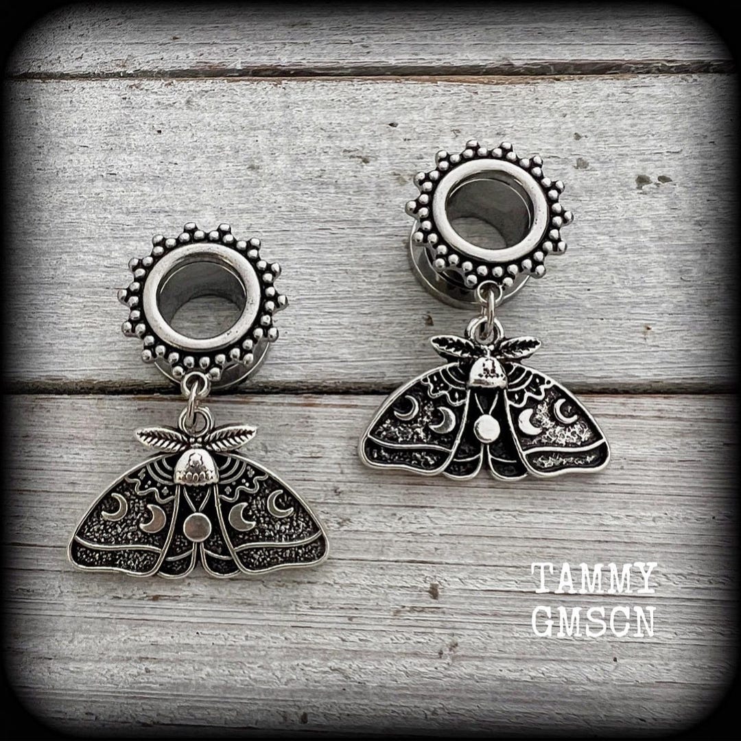 Moth Tunnel Earrings 00 Gauge Tunnels Moon Moth Tunnel Dangles 10mm ...