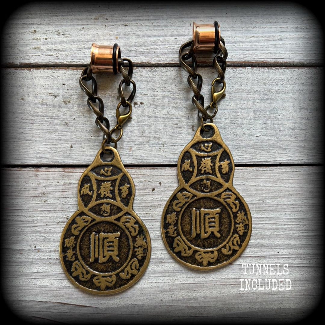 Brass Tao Gourd Pendant Chain Ear Weights TUNNELS INCLUDED All Sizes ...