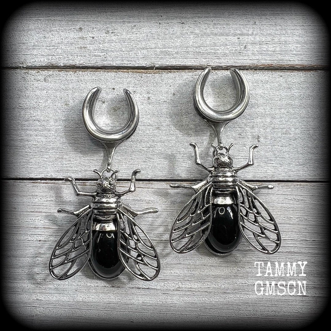 Insect Ear Weights Black Obsidian Earrings Fly Earrings 14mm - Etsy