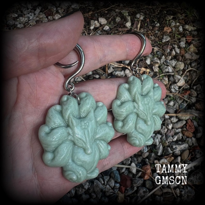 Nine Tailed Kitsune Earrings 6 Gauge Japanese Jade Ear Weights 4mm ...