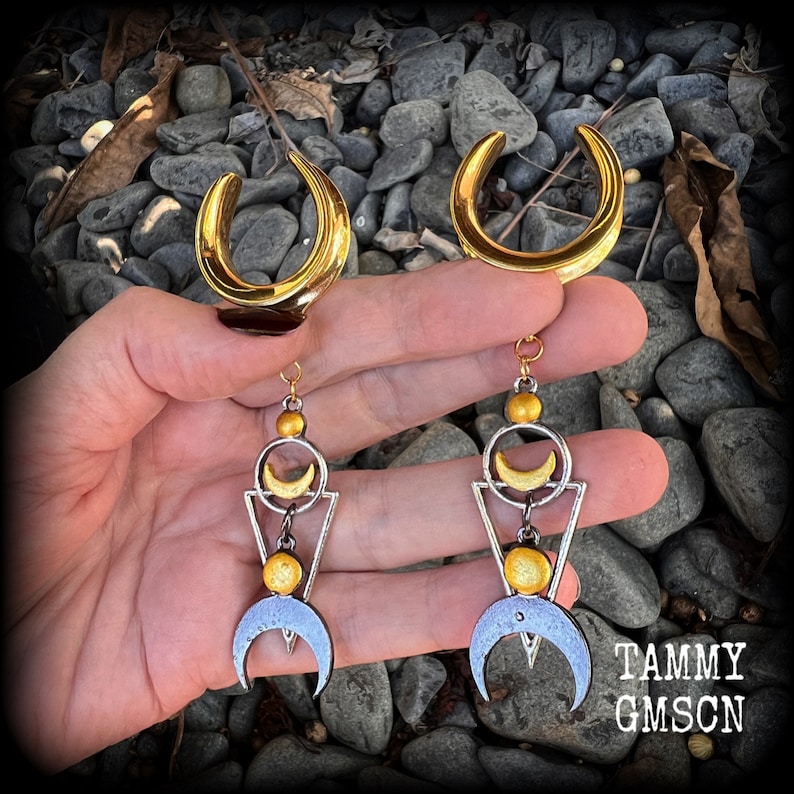 Inverted Triangle and Crescent Moon Gauged Earrings 25mm Ear Weights ...