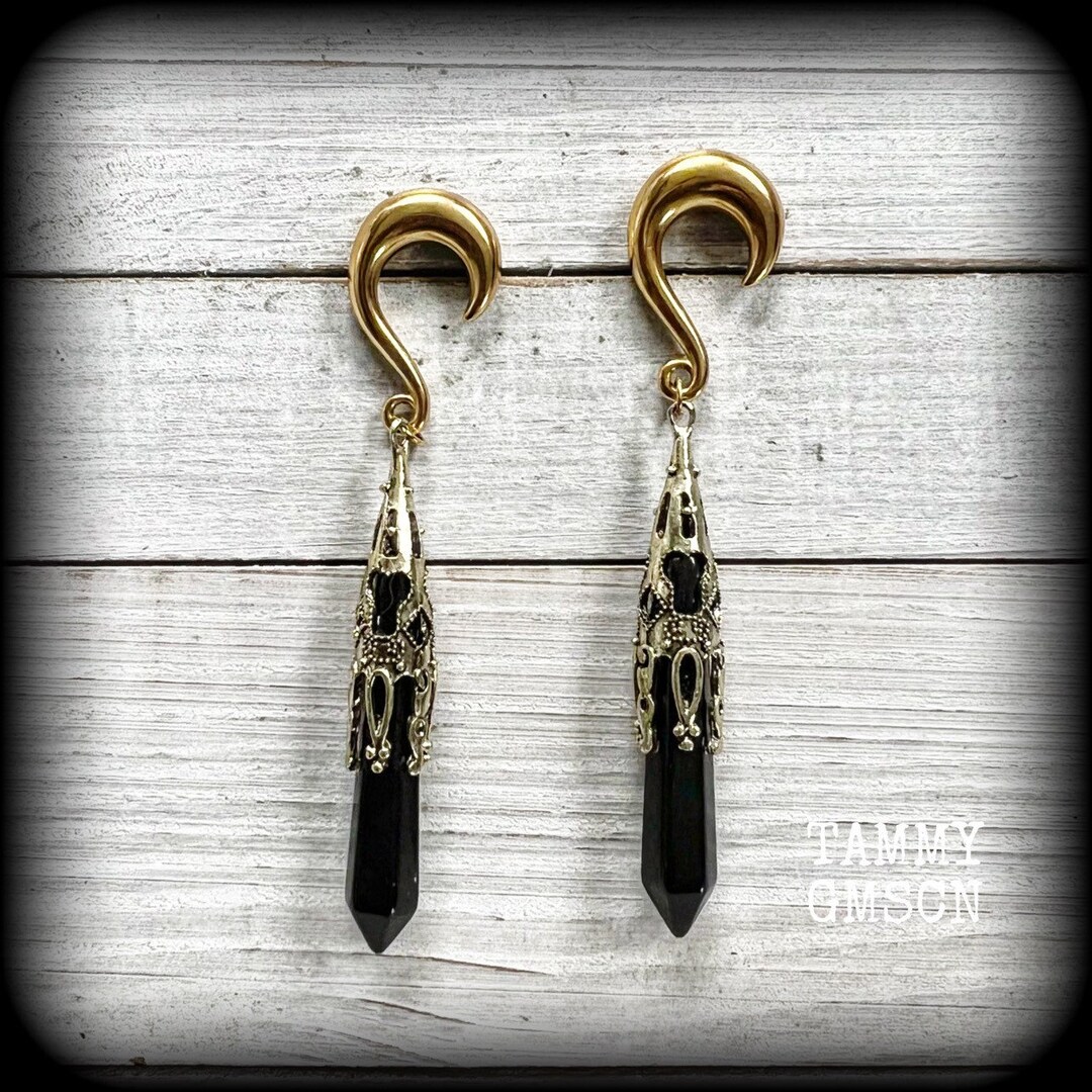 Black Obsidian Gauged Earrings 0 Gauge Ear Weights Ear Hangers Gemstone ...
