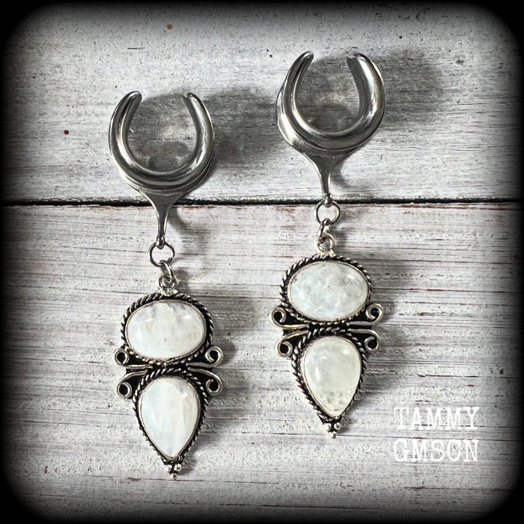 Moonstone Gauged Earrings 5/8” Gauge Gemstone Ear Weights 16mm Ear ...