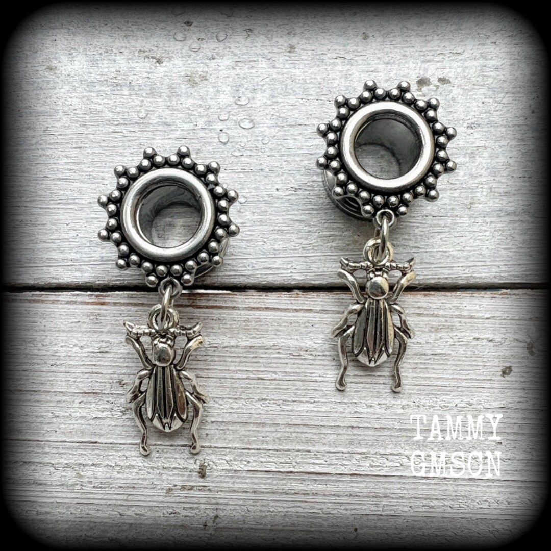 Insect Ear Gauges Silver Beetle Tunnel Earrings Tunnel Dangles 0 Gauge ...