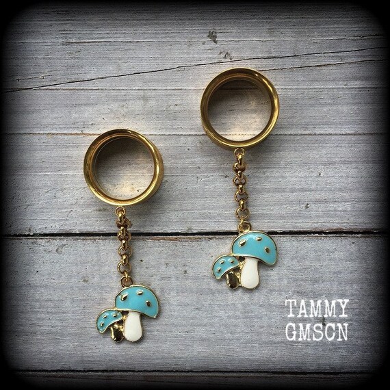 Blue meanies mushroom tunnels Mushroom tunnel dangles Mushroom earrings 19mm tunnels Gauged earrings 6mm 8mm 10mm 12mm 14mm 16mm 22mm 25mm Etsy
