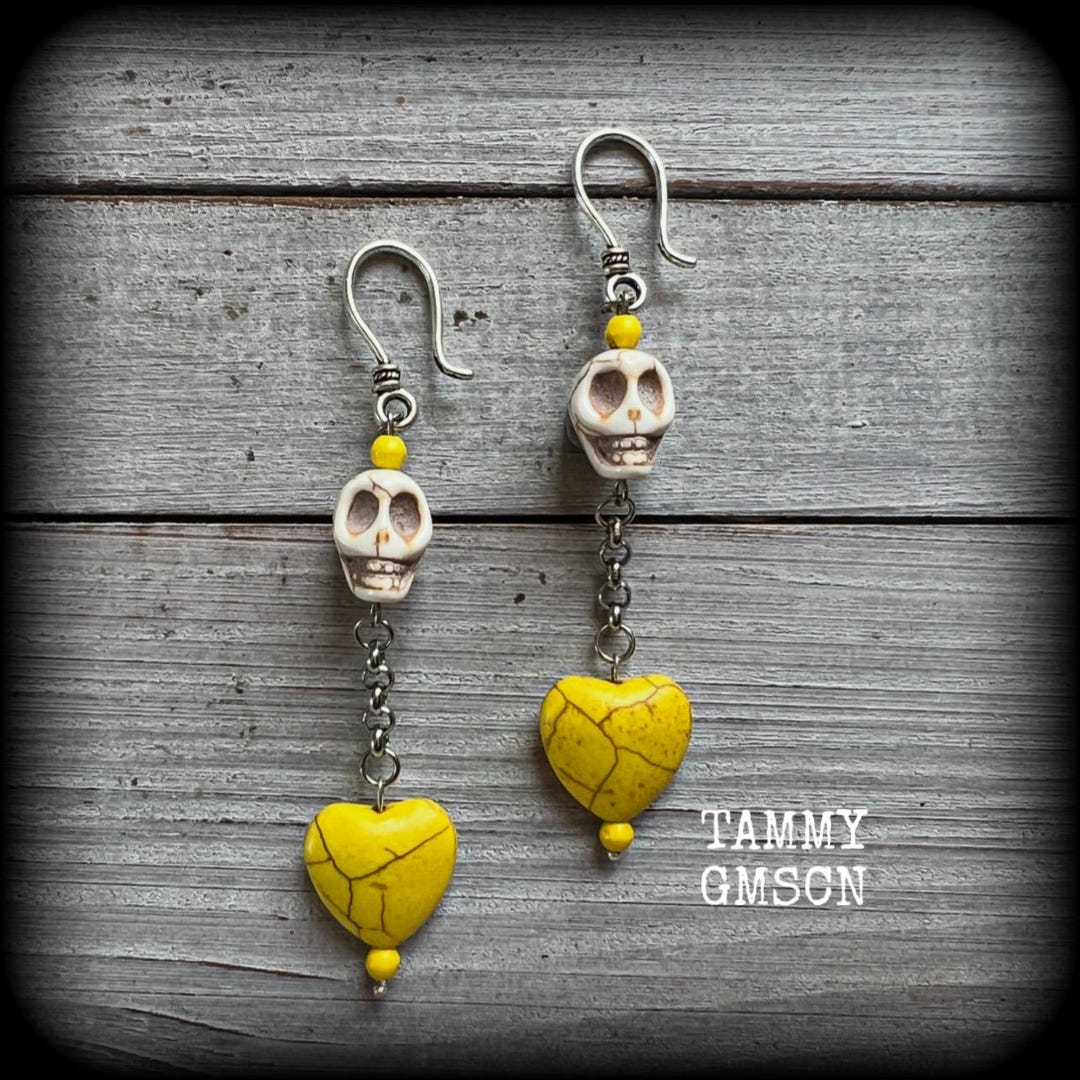 Skull and Yellow Hearts Earrings 8 Gauge Ear Hangers Day of the Dead ...