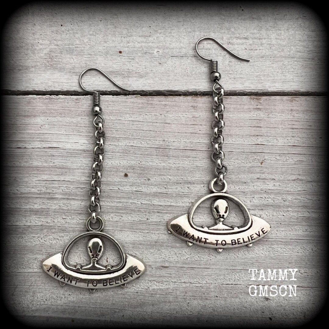 Dangly Silver UFO Earrings Alien Earrings Space Ship Earrings Xfiles ...
