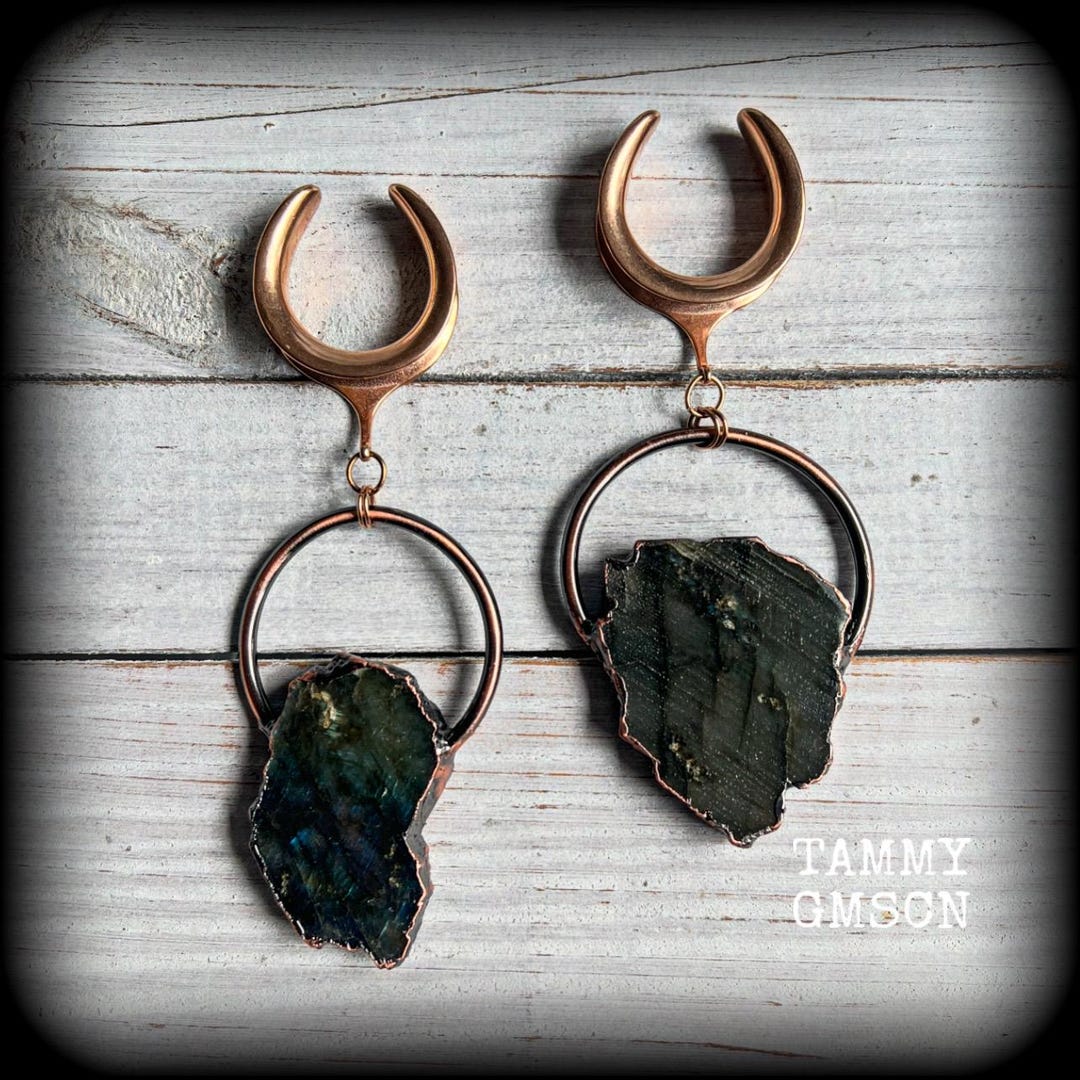 Gemstone Lobe Hangers 25mm Labradorite Slice Ear Weights 1” Gauge ...