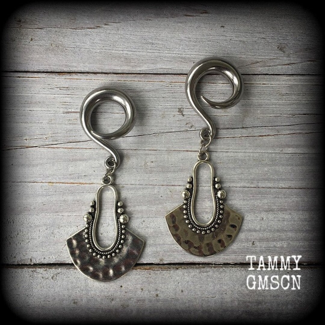Tribal Ear Weights Antique Silver Half Disc Ear Hangers Mandala ...