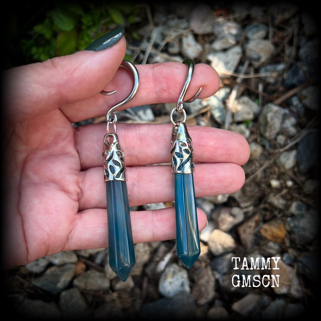 Blue Agate Ear Hangers 6 Gauge Ear Weights Gemstone Ear Weights Body ...