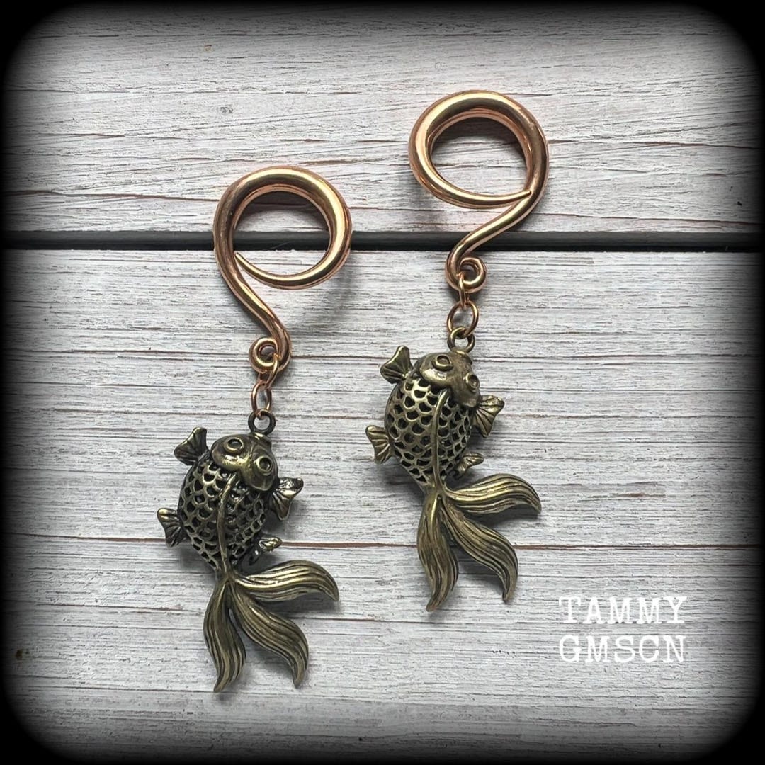 Koi Fish Ear Hangers 6 Gauge Ear Weights 4mm Brass Goldfish Ear Gauges ...