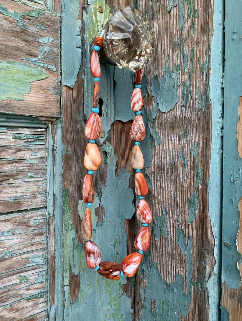 Orange Spiny Oyster Shell & Turquoise Necklace , Sterling Silver see ...