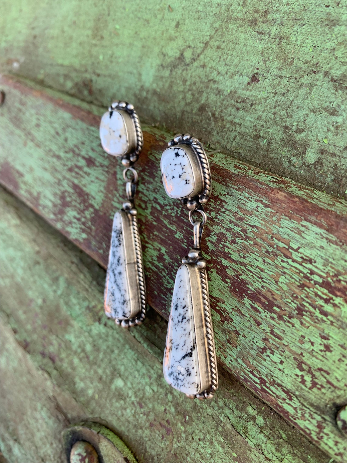 White Buffalo Post Long Earrings, Sterling Silver Navajo Handmade Free ...