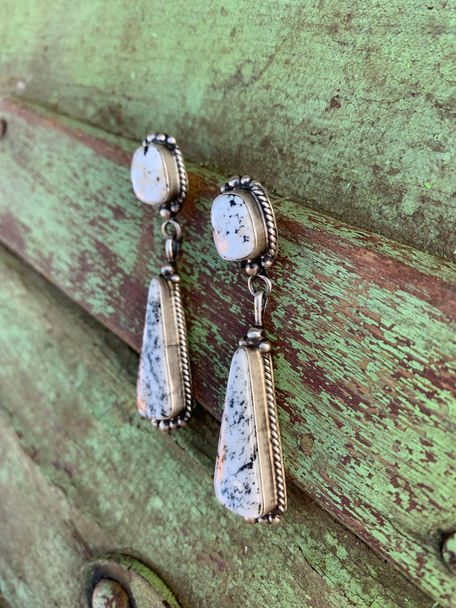 White Buffalo Post Long Earrings, Sterling Silver Navajo Handmade Free ...