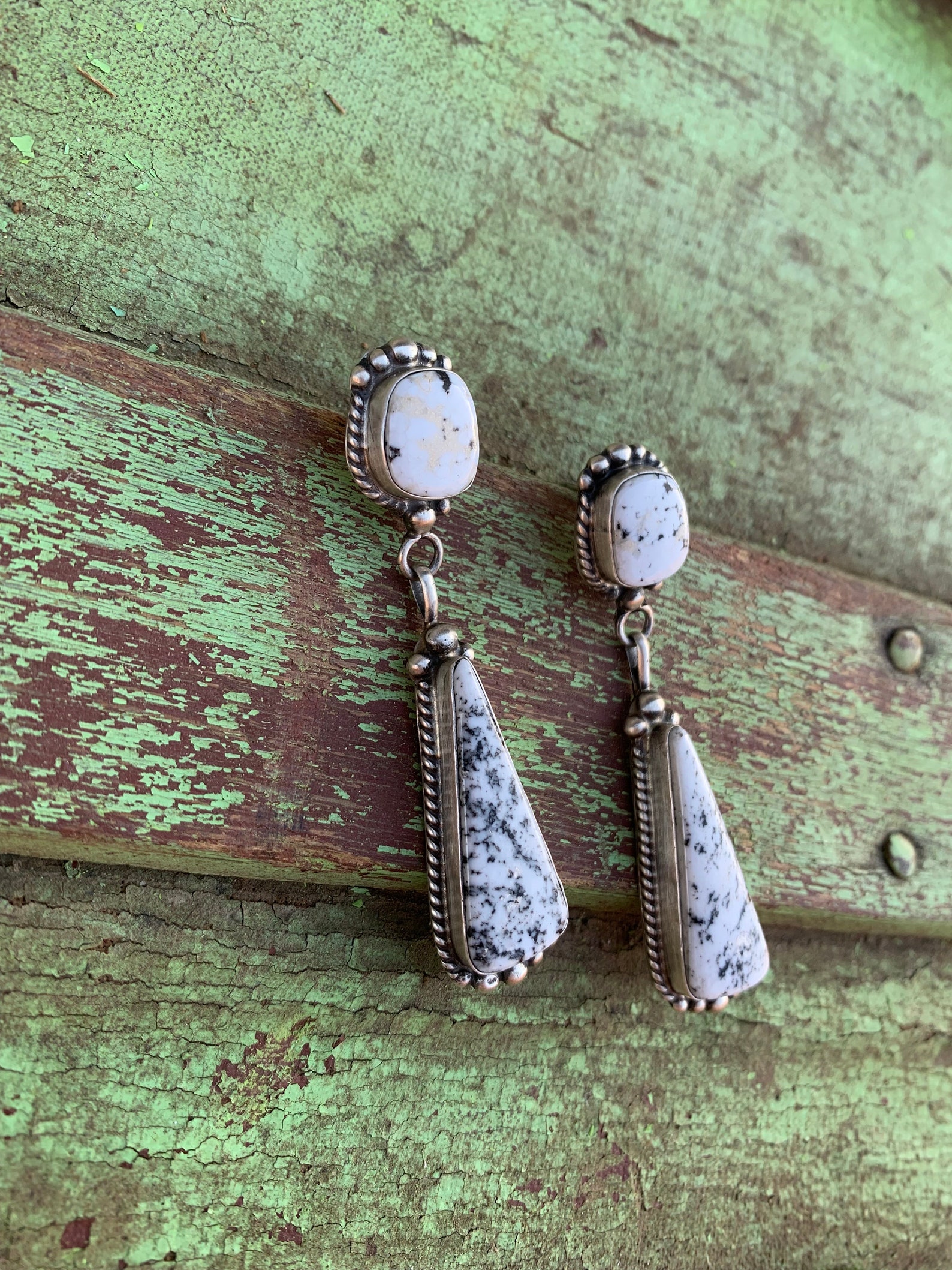 White Buffalo Post Long Earrings, Sterling Silver Navajo Handmade Free ...