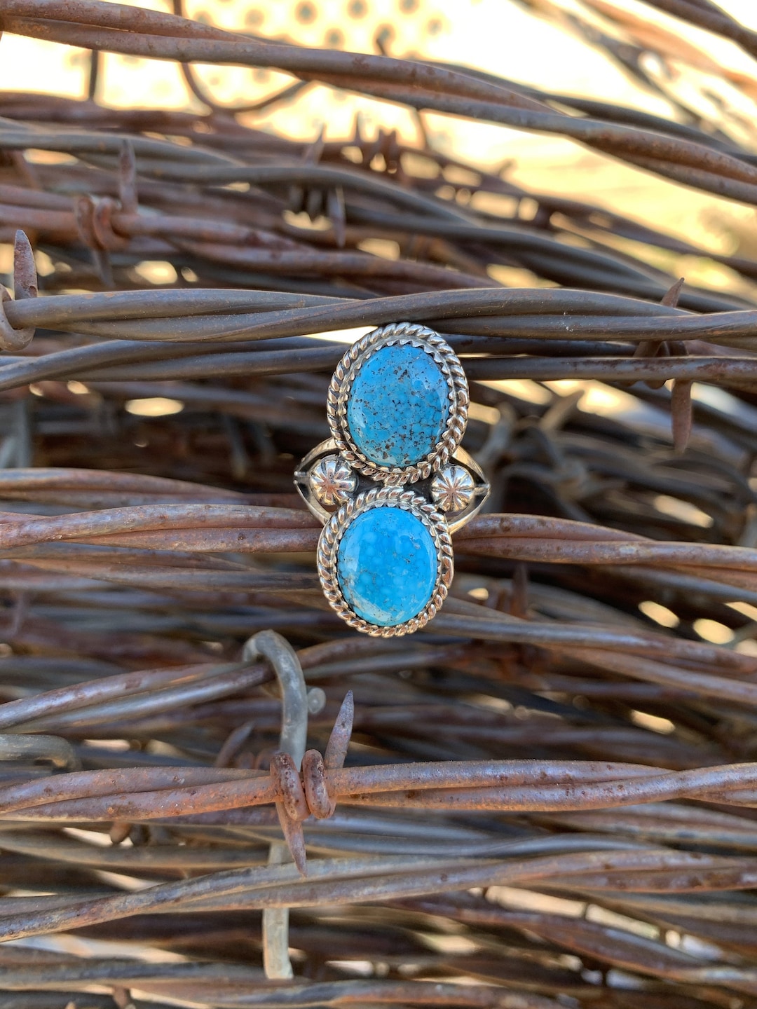 Double Turquoise Ring Size 8 1/2, Sterling Silver Free Shipping(see ...