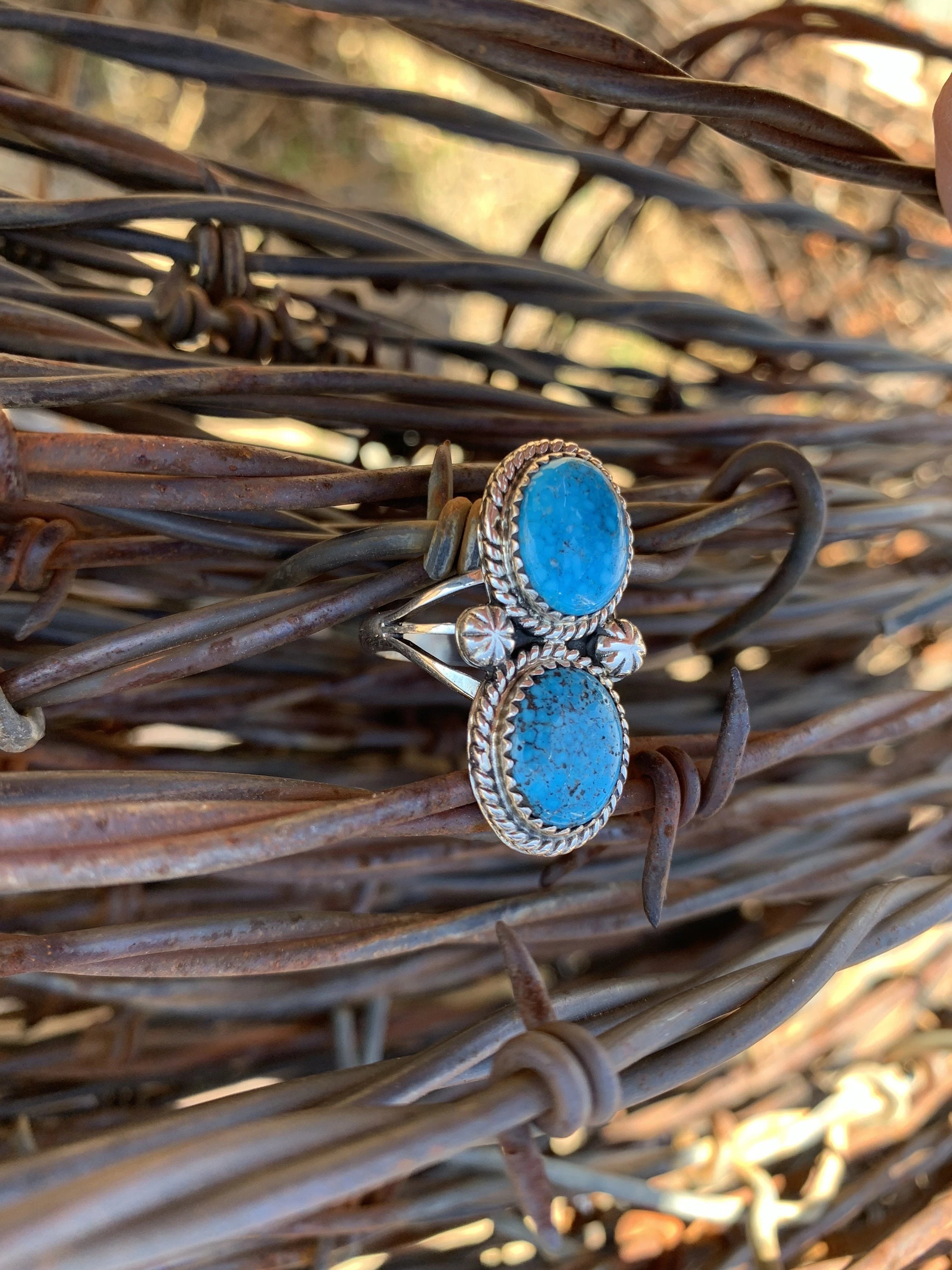 Double Turquoise Ring Size 8 1/2 Sterling Silver Free - Etsy