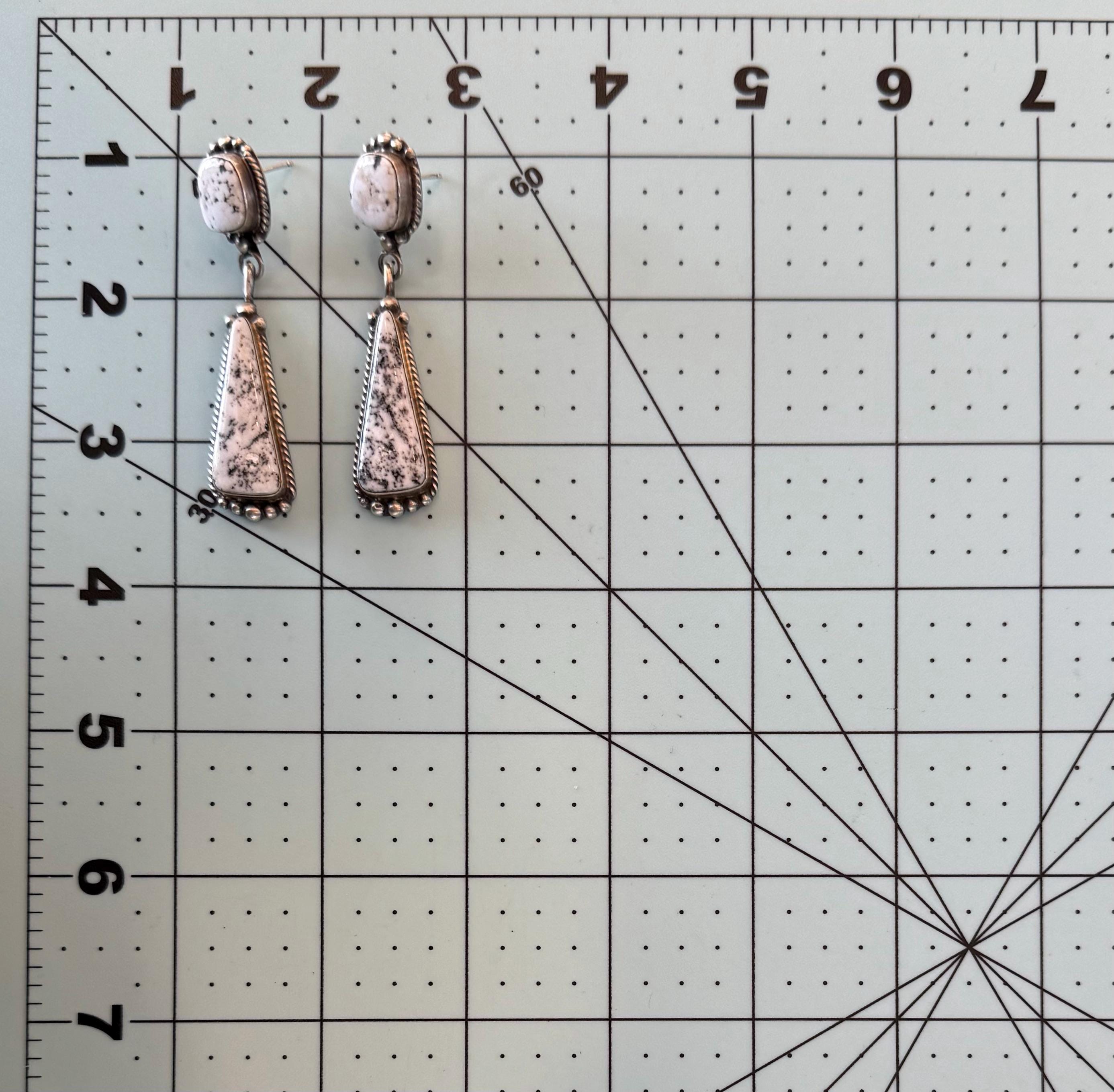 White Buffalo Post Long Earrings, Sterling Silver Navajo Handmade Free ...