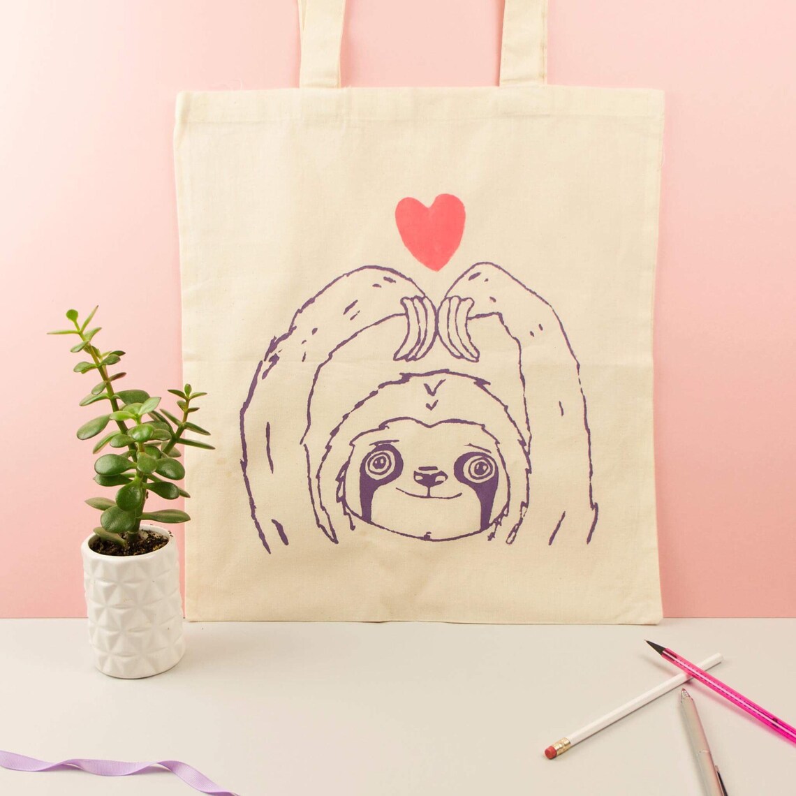 Sloth Love Shopper Tote Bag/ Purple Sloth With Pink Heart/ Shopper Bag ...