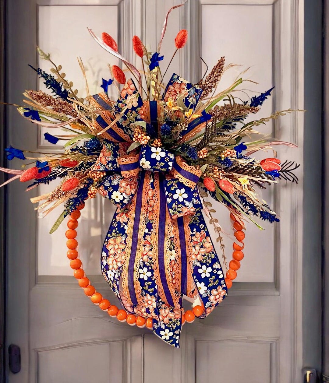 Rust and Navy Blue Fall Bead Ring Door Hanger, Silk Floral Mantle ...