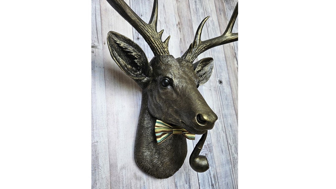 Faux Taxidermy Deer Head Wall Mount, Stag With Smoking Pipe and Bow Tie ...