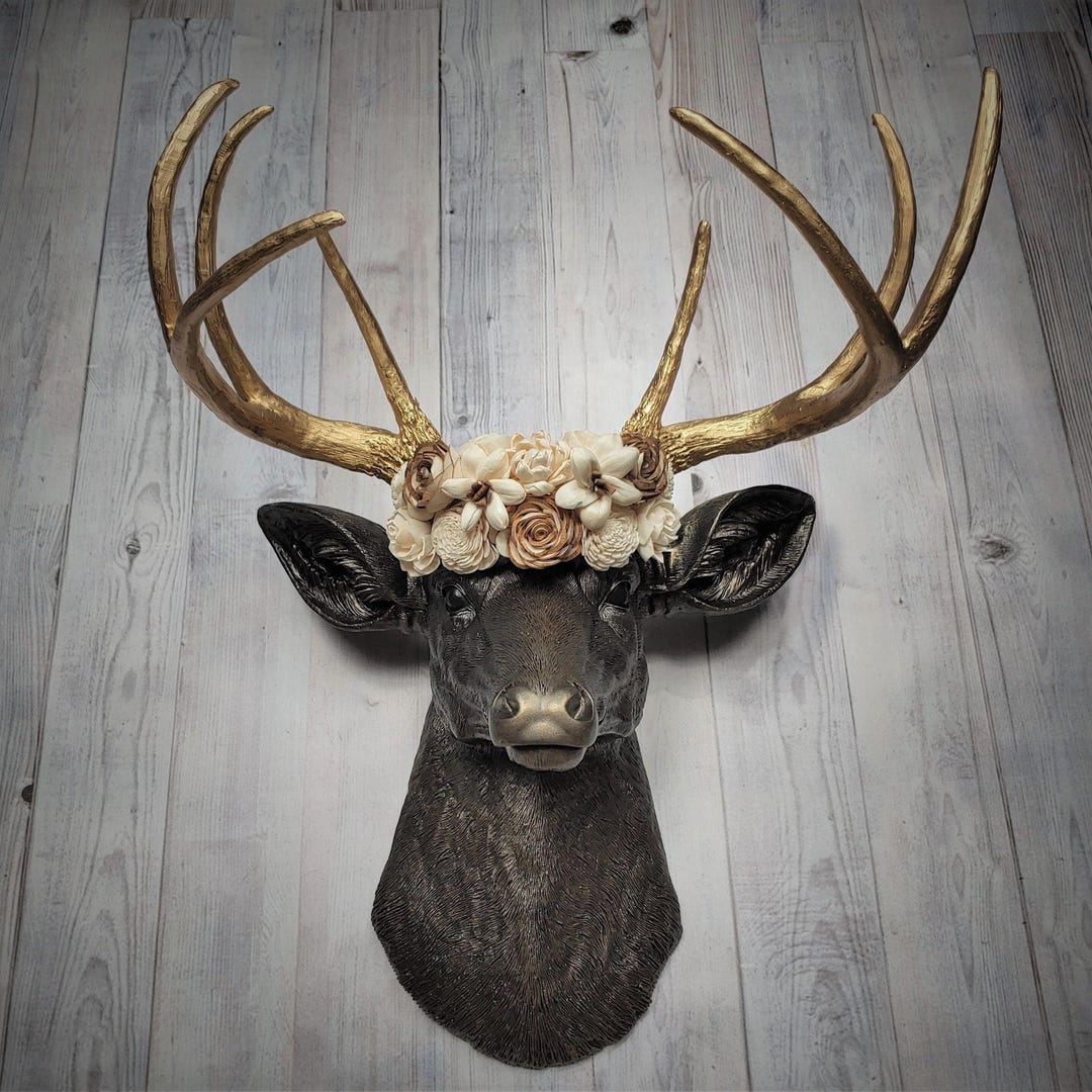 Faux Taxidermy Floral Crowned Deer Head Wall Mount, Fake Stag Head Art ...