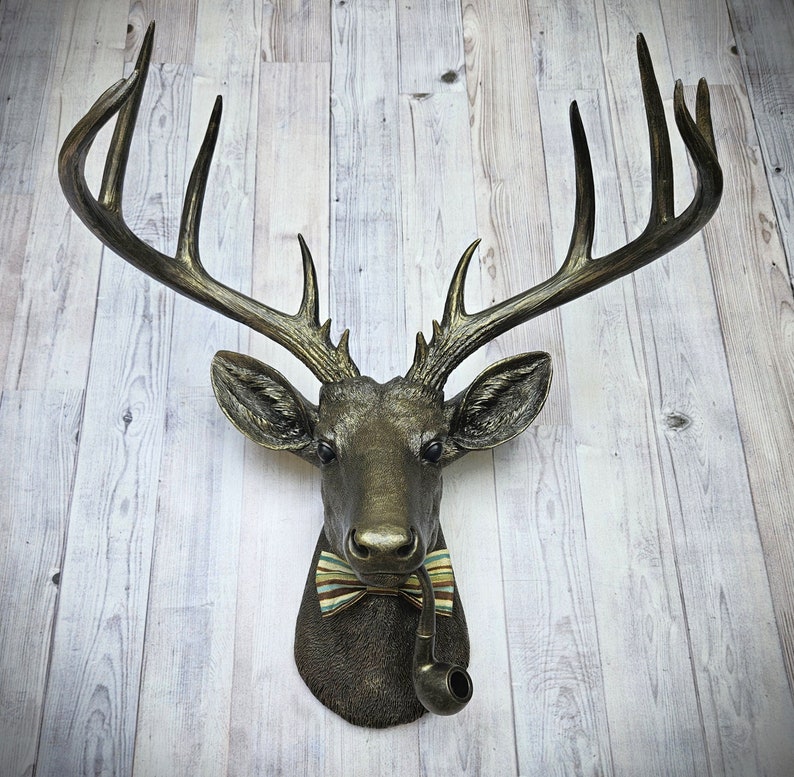 Faux Taxidermy Deer Head Wall Mount, Stag With Smoking Pipe and Bow Tie ...
