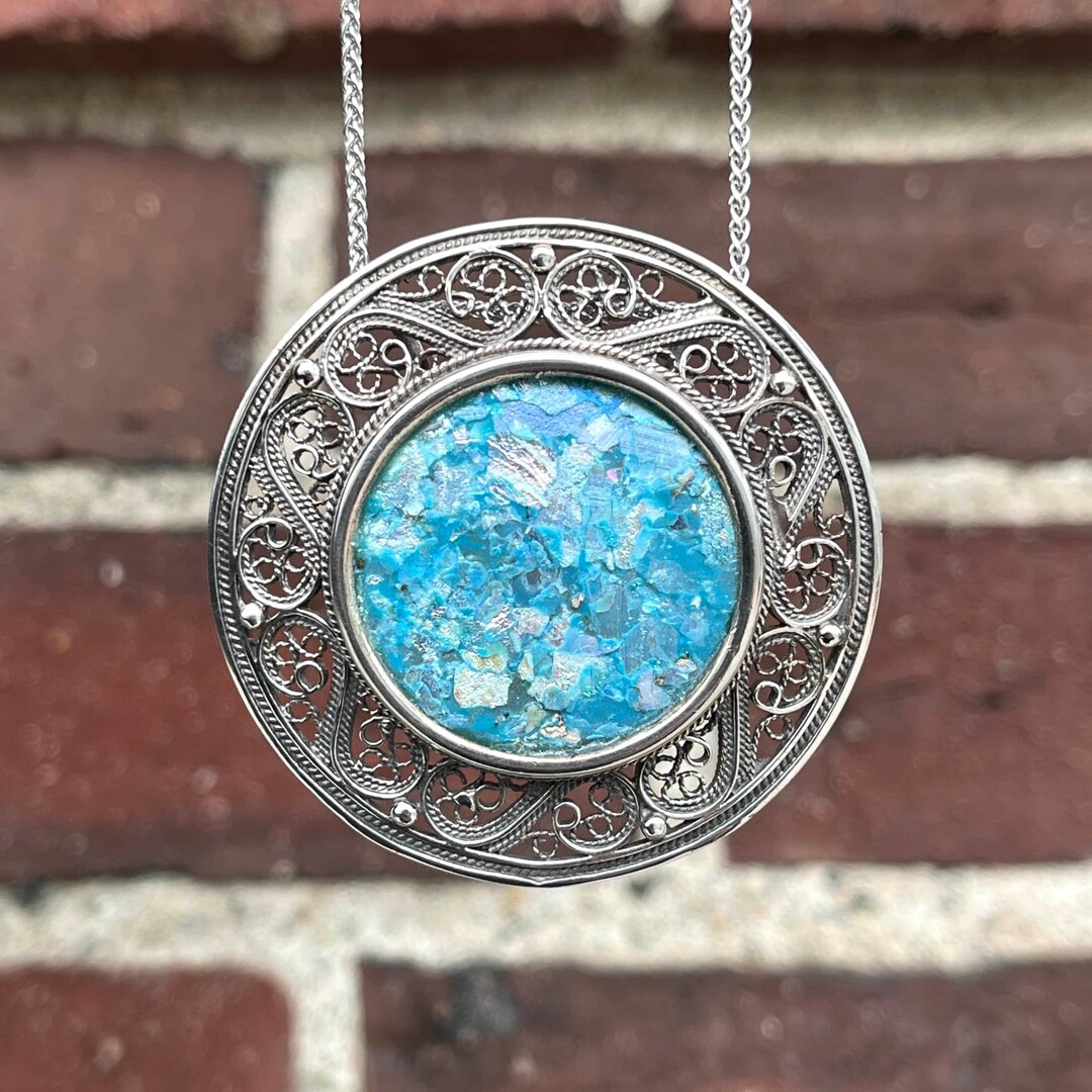 Roman Glass round Filigree Medallion Pendant Necklace Healing Crystal ...