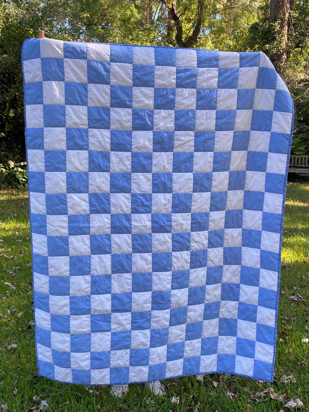 Handmade Sky Blue & White Checkerboard Quilted Throw Blanket, 50 In. X ...