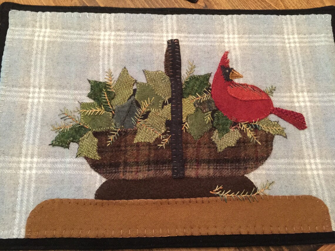 Wool Applique Pattern Called " Winter Basket" Finished Size is 12"x18 ...
