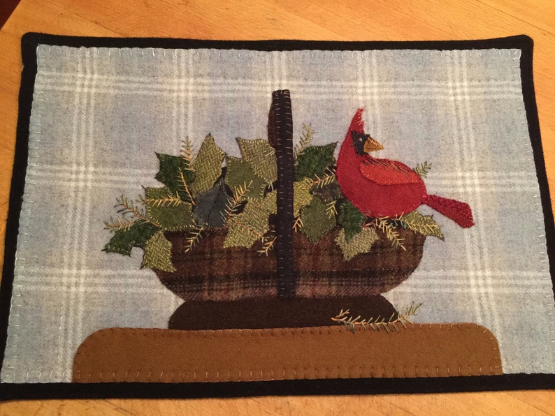 Wool Applique Pattern Called " Winter Basket" Finished Size is 12"x18 ...