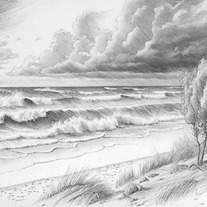 Vintage Coastal Ocean Seascape Landscape Pencil Sketch Beach Drawing ...