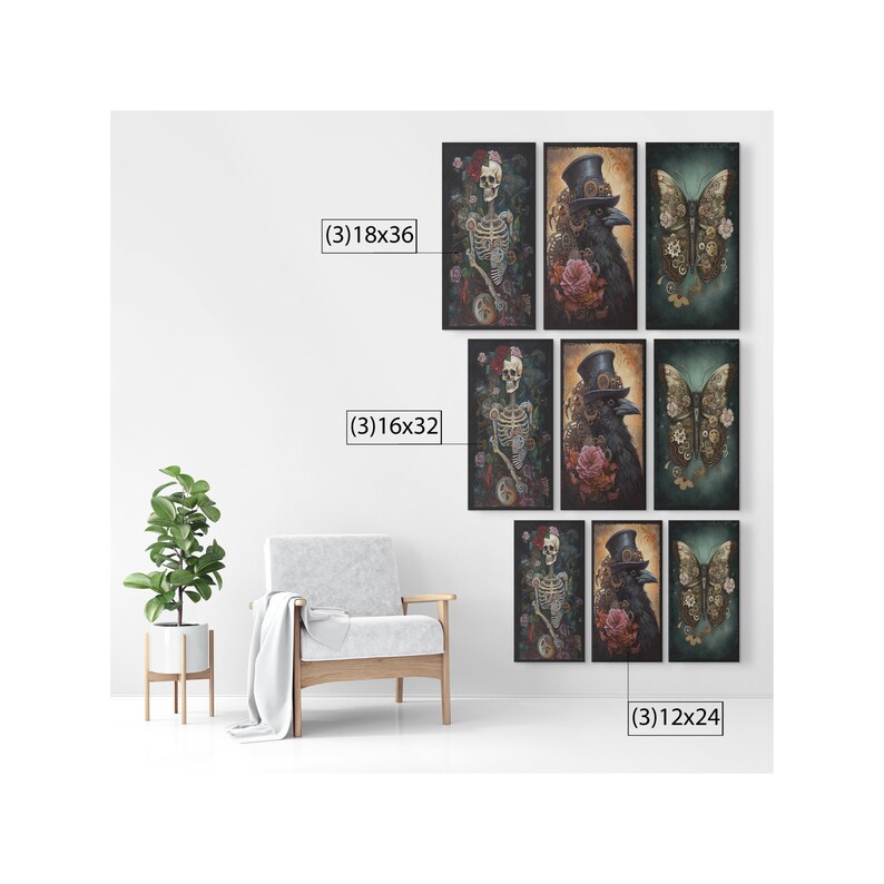 Steampunk Goth Triptych Floral Skeleton Raven and Moth No.1 | 3 Panel ...