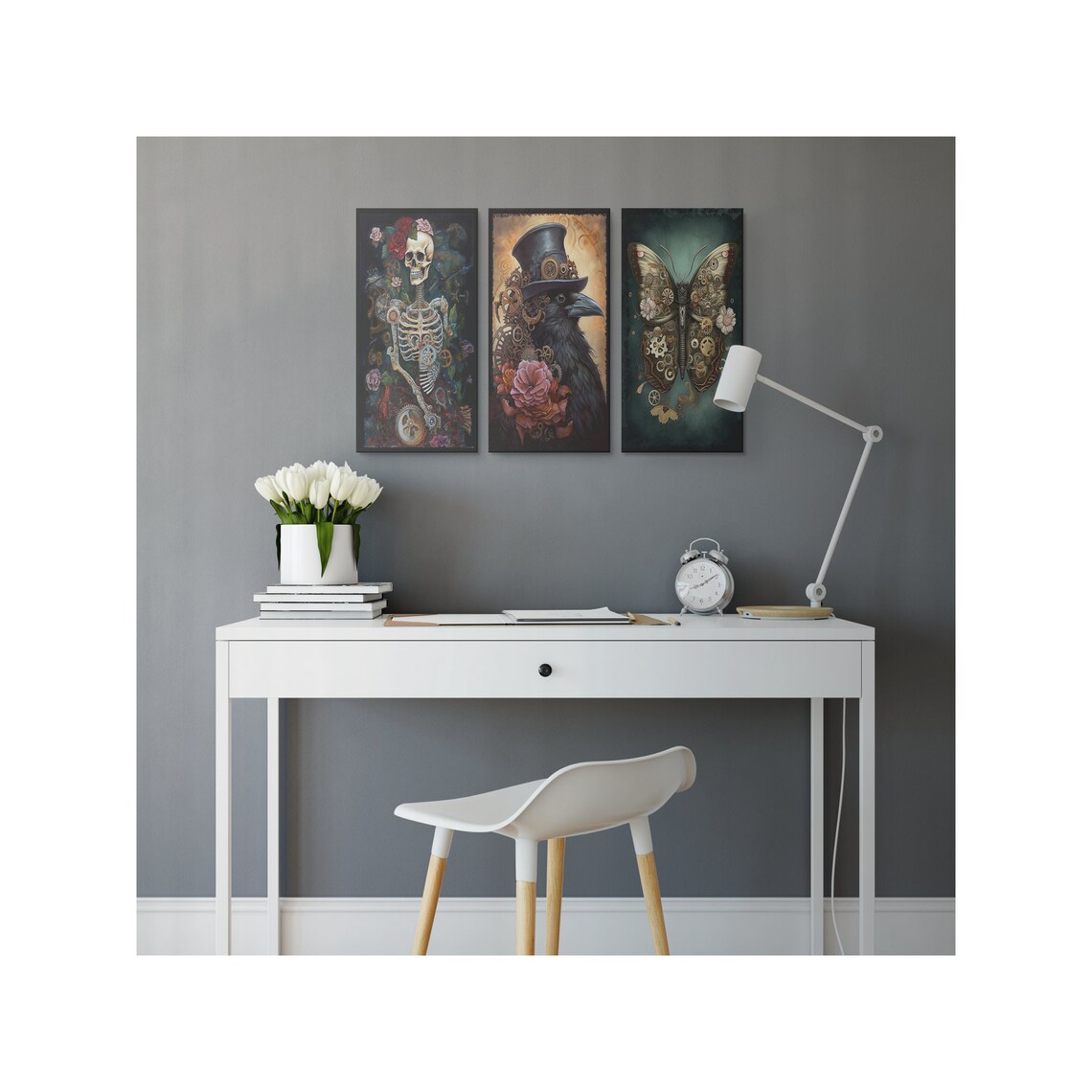 Steampunk Goth Triptych Floral Skeleton Raven and Moth No.1 | 3 Panel ...