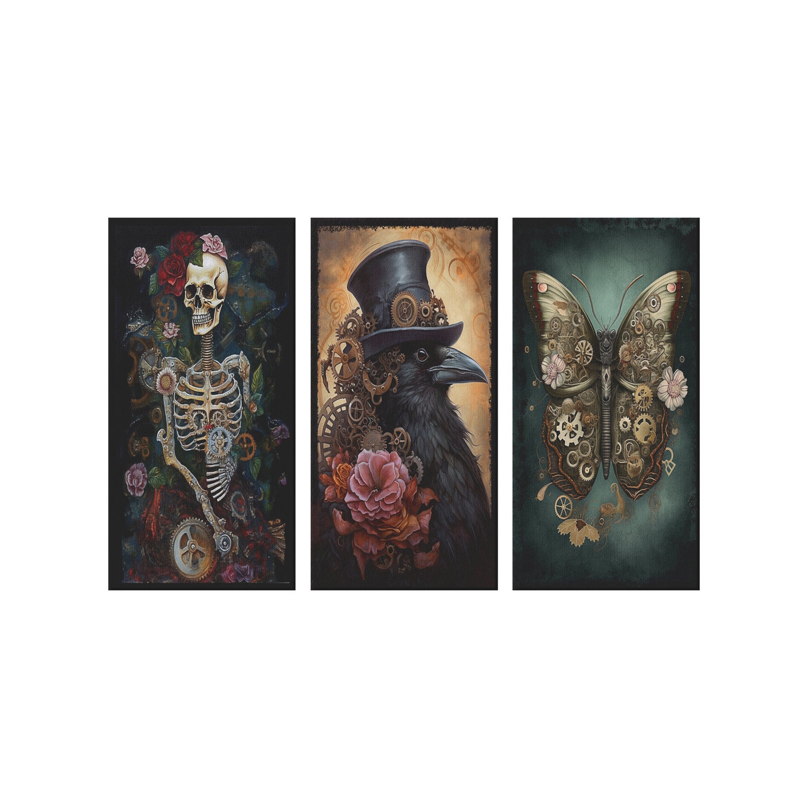 Steampunk Goth Triptych Floral Skeleton Raven and Moth No.1 | 3 Panel ...