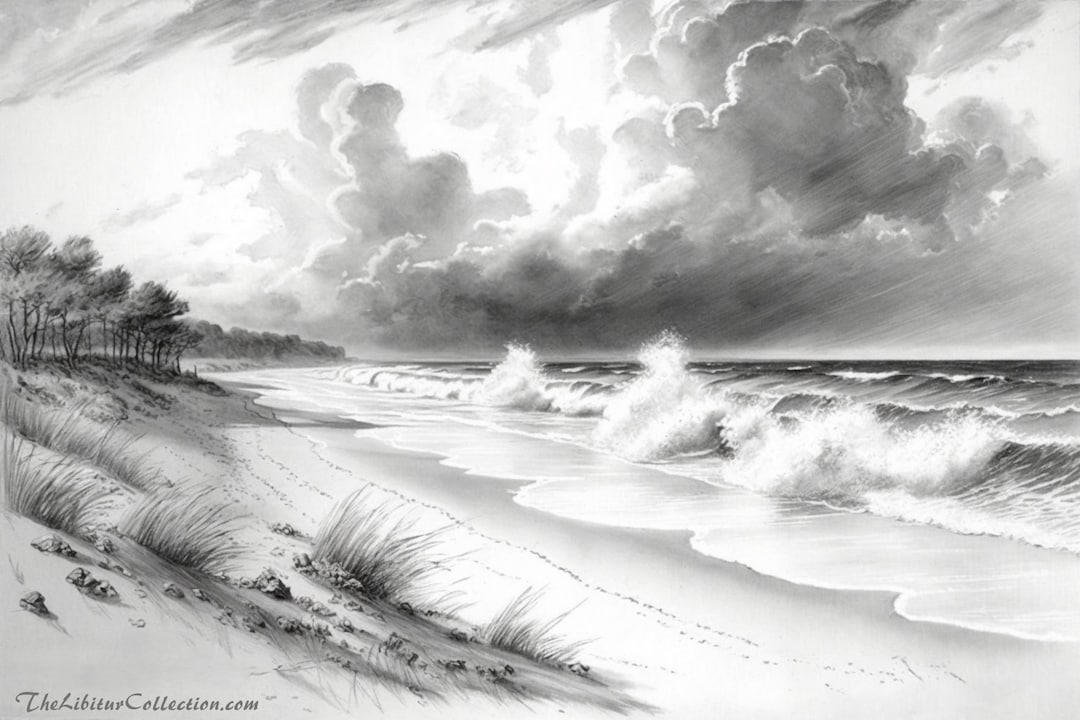 Vintage Coastal Ocean Landscape Pencil Sketch Beach Drawing No. 1 ...