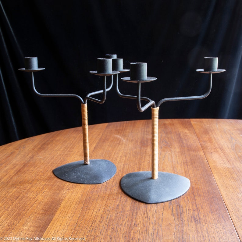 Danish Modern Candelabra Pair With Rattan Wrapping, Attributed to ...