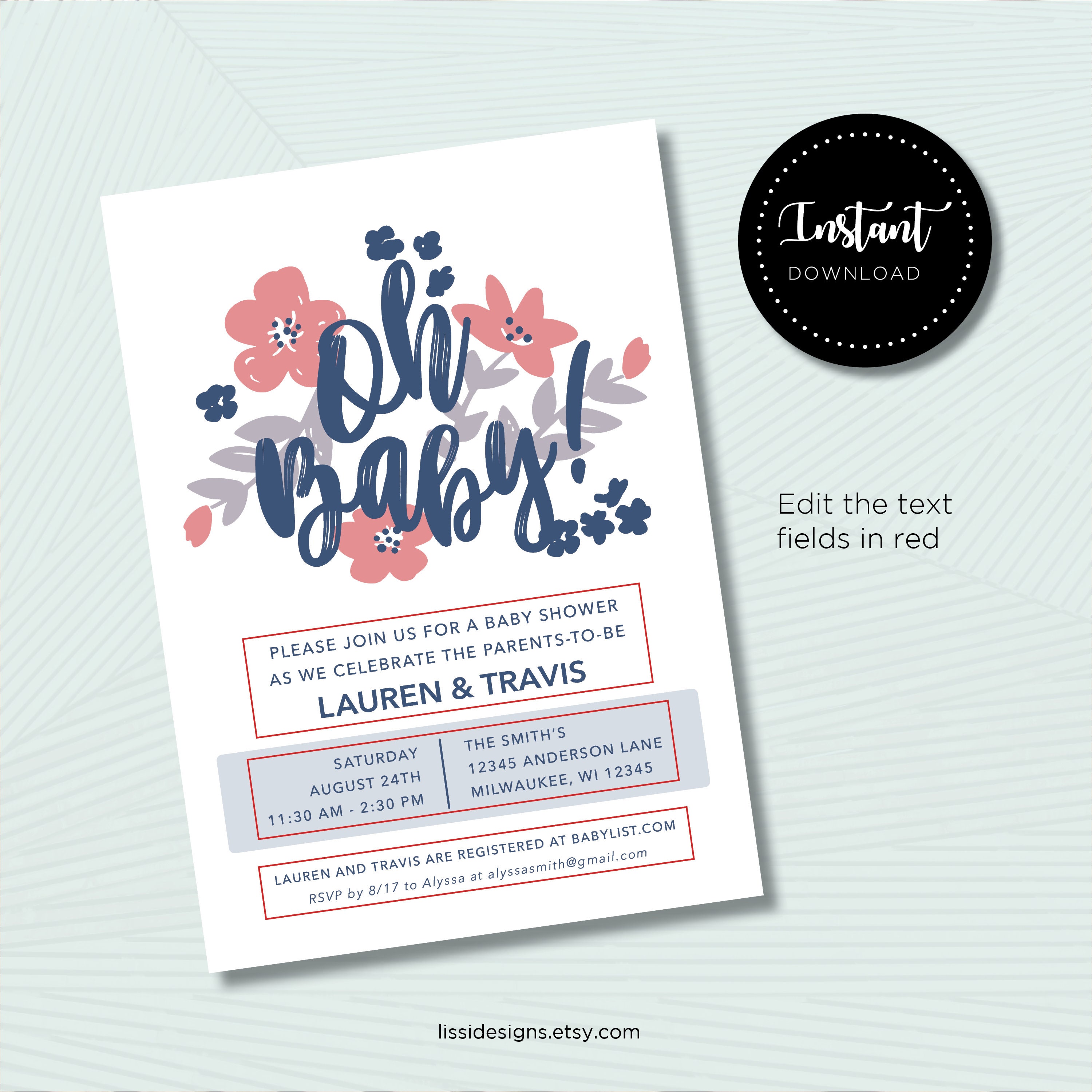 Oh Baby Printable Floral Baby Shower Invitation Instant | Etsy