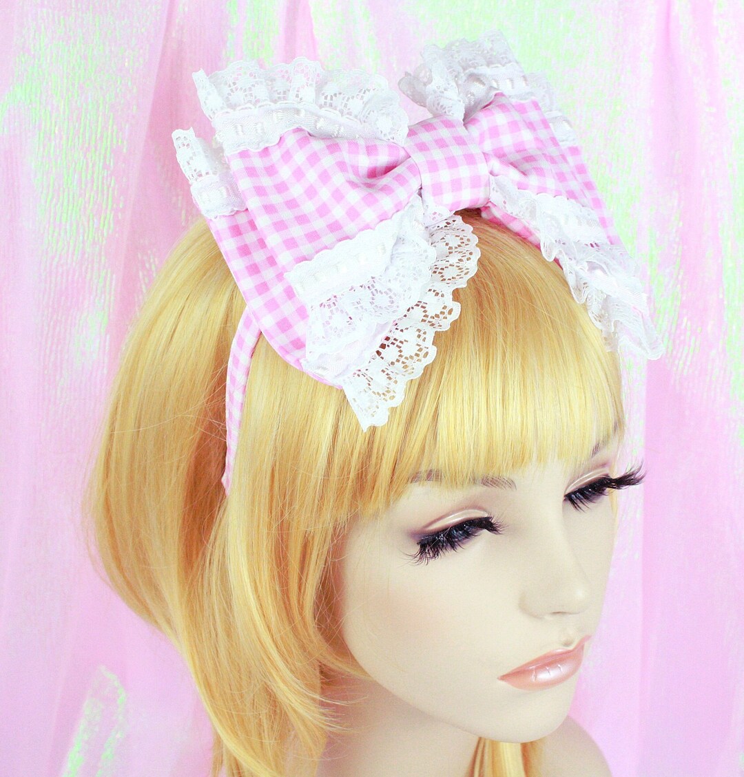 Alice Bow-lolita Headbow-pink Gingham Bow-gothic Lolita Bow-lolita Hair ...