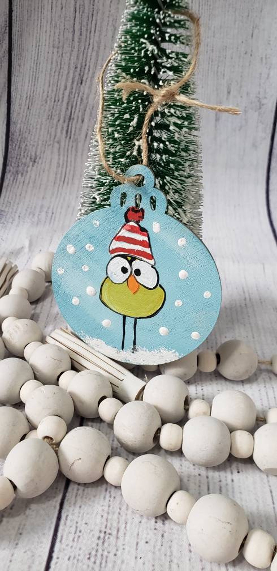 Hand Painted Round Wood Christmas Ornaments Poinsettia Trees Bird Polar ...