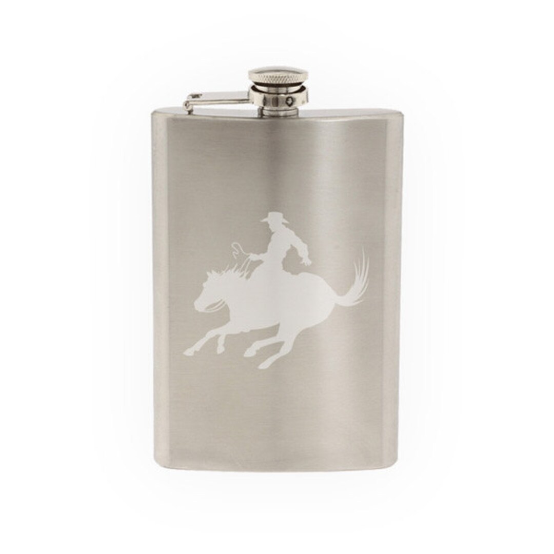Wild West Rodeo Cowboy on Horseback Lasso V.5 Etched 8 Oz Stainless ...