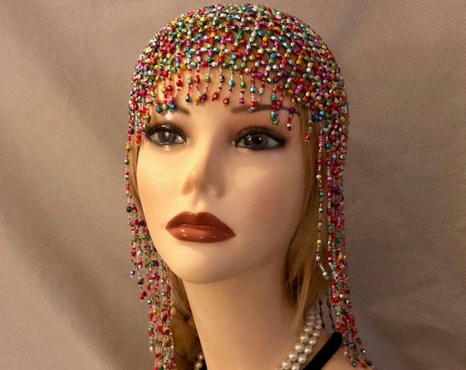 1920s Style FULLY Beaded Multi-color Mardi Gras Fringe FLAPPER Head Cap ...