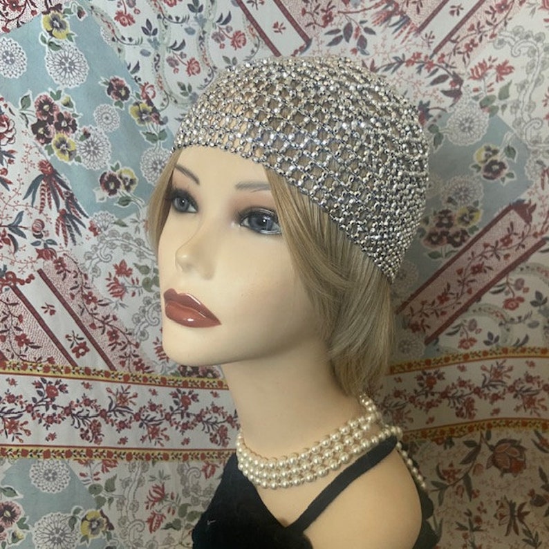 1920s Style FULLY Beaded Silver FLAPPER Head Cap Skull Headpiece Gatsby ...