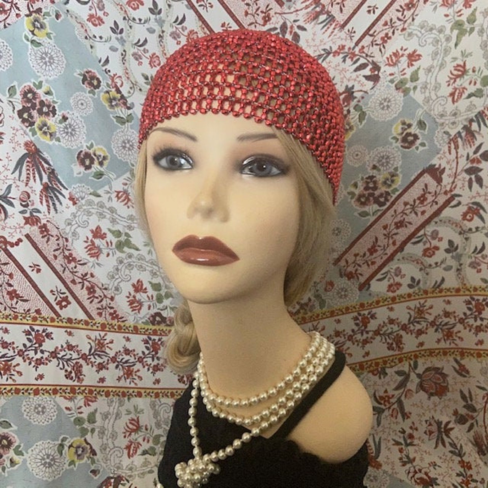 1920s style FULLY Beaded RED Fringe FLAPPER Head cap skull | Etsy