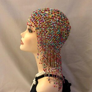1920s Style FULLY Beaded Multi-color Mardi Gras Fringe FLAPPER Head Cap ...