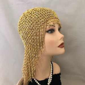 1920s Style FULLY Beaded Gold Fringe FLAPPER Head Cap Skull Headpiece ...